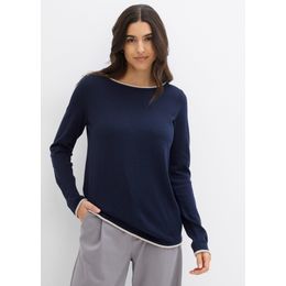 Strickpullover bonprix, Damen, Gr. 44/46 (L), blau (dunkelblau, steingrau), Feinstrick, Obermaterial: 50% Baumwolle, 50% Polyacryl, kontrastfarbene Details, unifarben, bequem h&uuml;ftbedeckend, Rundhals, Rollkante kontrastfarben, Pullover Strickpullover, weiches Material, mit kontrastfarbiger Rollkante