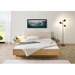 Bett mit Nachttischen Fichte 140x200x85 natur gebeizt / ge&ouml;lt, Kopfteil beige FICHTELBERG #145