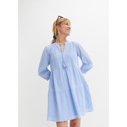 bonprix Blusenkleid aus reiner Baumwolle, blau, Gr.36, Luftiges Sommerkleid mit Schn&uuml;rung am Ausschnitt, aus 100% Baumwolle