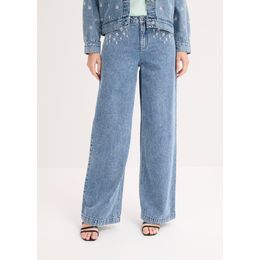 bonprix Wide-Leg-Jeans Mid Waist Baumwolle, blau, Gr.38, Wide-Leg-Jeans Mid Waist mit Applikation an den Taschen, aus 100% Baumwolle