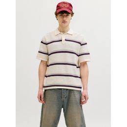 Jack & Jones Polokragenpullover JACK & JONES "JORMAINE KNIT STRIPE POLO SN", Damen, Gr. XL, sea salt, Strick, Obermaterial: 100% Baumwolle, gestreift, relaxed fit normal, Rundhals, Pullover, Baumwolle, relaxed fit