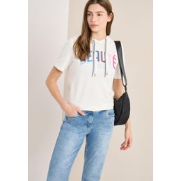 Kurzarmshirt Cecil, Damen, Gr. L (42), vanillewei&szlig;, Jersey, Obermaterial: 48% Baumwolle, 48% Modal, 4% Elasthan, bedruckt, normal h&uuml;ftbedeckend, Rundhals, Shirts, mit Letter-Print