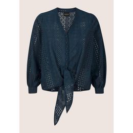 Madeleine Mode Langarmbluse MADELEINE "Spitzenbluse Baumwollbluse zum Knoten", Damen, Gr. 34, blau (marine), Obermaterial: 100% Baumwolle CO., Modern, schmal, V-Ausschnitt, Blusen, Spitzenbluse zum Binden mit aufgesetzter Knopfleiste