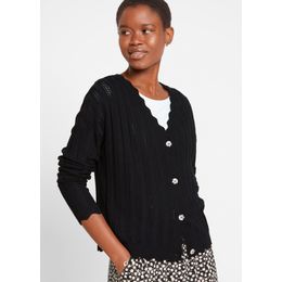 Strickjacke bonprix, Damen, Gr. 36/38 (S), schwarz, Strick, Obermaterial: 70% Viskose, 30% Polyamid, unifarben, festlich, oversize h&uuml;ftbedeckend, V-Ausschnitt, gewellter Abschluss, Strickjacken Strickjacke, Oversize-Passform, mit Ajour-Muster, f&uuml;r festlichen Look