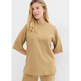 Longshirt bonprix, Damen, Gr. 44/46 (L), khakibraun, Interlock, Obermaterial: 100% Baumwolle, unifarben, oversize Po-bedeckend, Rundhals, weit, Shirts Longshirt, Oversized Schnitt, Halbarm, f&uuml;r Fr&uuml;hling und Sommer