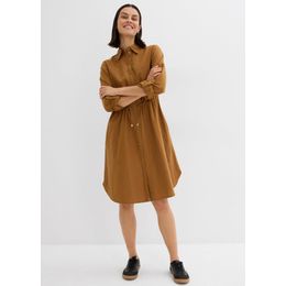 Midikleid bonprix "Hemdblusenkleid aus Leinen-Baumwoll-Mix", Damen, Gr. 40, N-Gr, cognac braun (l&auml;nge: regul&auml;r), Obermaterial: 55% Leinen, 45% Baumwolle, A-Linie, Kleider Midikleid, f&uuml;r l&auml;ssigen Look, aus Leinen-Baumwoll-Mix, in A-Linie, mit Taschen