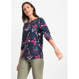 Langarmshirt bonprix, Damen, Gr. 48/50 (XL), dunkelblau gebl&uuml;mt, Jersey, Obermaterial: 100% Baumwolle, bedruckt, gebl&uuml;mt, figurumspielend h&uuml;ftlang, Rundhals, Shirts Langarmshirt, figurumspielende Passform, Langarm-Design, f&uuml;r Fr&uuml;hling und Sommer