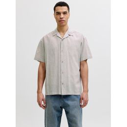 Jack & Jones Kurzarmhemd JACK & JONES "JJESUMMER LINEN BLEND RESORT SHIRT SS SN", Herren, Gr. M, N-Gr, string, Web, Obermaterial: 70% Baumwolle, 30% Leinen, unifarben, relaxed fit normal, V-Ausschnitt, Hemden, Baumwollmischung, relaxed fit