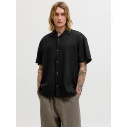 Jack & Jones Kurzarmhemd JACK & JONES "JJESUMMER LINEN BLEND RESORT SHIRT SS SN", Herren, Gr. M, N-Gr, schwarz, Web, Obermaterial: 70% Baumwolle, 30% Leinen, unifarben, relaxed fit normal, V-Ausschnitt, Hemden, Baumwollmischung, relaxed fit