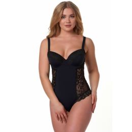 After Eden D-cup & up Body "MILA", Damen, Gr. 85, Cup G, schwarz, Obermaterial: 86% Polyamid, 14% Elasthan, AFTER EDEN D-CUP & UP, unifarben, comfort fit kurz, V-Ausschnitt, Bodys Body, mit Spitze, verstellbare Tr&auml;ger, mit B&uuml;gel, vorgeformte Cups, feminin