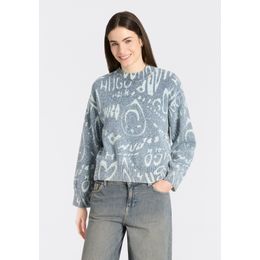 Strickpullover HUGO BLUE "Slicary", Damen, Gr. L (40), open miscellaneous 993, Strick, Obermaterial: 100% Baumwolle, gemustert, oversize normal, hoch geschlossener Ausschnitt, Rippb&uuml;ndchen, Pullover Strickpullover, mit Allover-Muster, oversize