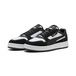 Sneaker Puma "Court Classic Sneakers aus Wildleder Erwachsene", Damen, Gr. 40.5, bunt (wei&szlig; schwarz gold), Obermaterial: Synthetik, Kuhleder, Leder. Futter: Textil, Synthetik. Innensohle: Textil. Laufsohle: Gummi, Schuhe Sneaker