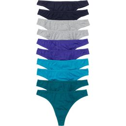 String bonprix, Damen, Gr. 36/38 (S), 10 Stk., blau (blau, t&uuml;rkis, hellgrau meliert), Obermaterial: 93% Baumwolle, 7% Polyester, Unterhosen String, Zwickel aus Baumwolle, bequeme Passform, unifarben