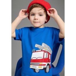 T-Shirt Kidsworld "Cooles Shirt mit Feuerwehr Folienprint", Jungen, Gr. 104/110, royalblau, Single Jersey, Obermaterial: 100% Baumwolle, bedruckt, Basic, Rundhals, abgesteppte Kante, Shirts T-Shirt, f&uuml;r Jungen, Kurzarm, mit Glitterdruck, Basic Passform