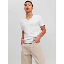 Jack & Jones T-Shirt JACK & JONES "SLIM- FIT BASIC TEE V-NECK", Herren, Gr. XS, wei&szlig;, Jersey, Obermaterial: 92% Baumwolle, 8% Elasthan, unifarben, schmal h&uuml;ftbedeckend, V-Ausschnitt, Shirts T-Shirt, mit V-Ausschnitt