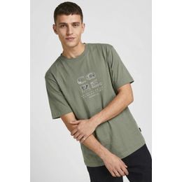 Jack & Jones Print-Shirt JACK & JONES "JCOSTANCE FRONT TEXT TEE SS CREW NECK", Herren, Gr. S, vetiver print:jj, Jersey, Obermaterial: 100% Baumwolle, bedruckt, relaxed fit normal, Rundhals, Shirts