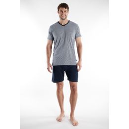 Shorty Tom Tailor "Nevada", Damen, Gr. 52L, blau (blau, dunkel, ringel), Single Jersey, Obermaterial: 100% Baumwolle, gestreift, Basic kurz, V-Ausschnitt, Homewear-Sets Shorty, Streifendesign, Kurzarm, V-Ausschnitt, kurze Hose