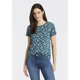 Kurzarmshirt Ragwear "MINTTA FLOWER O", Damen, Gr. L, petrol, Jersey, Obermaterial: 50% Baumwolle, 50% Polyester, bedruckt, normal, Rundhals, Shirts, mit sommerlichem Print