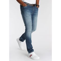 Stretch-Jeans DELMAO "Reed", Herren, Gr. 38, L&auml;nge 34, blau (blau used 34), Obermaterial: 82% Baumwolle, 16% Polyester, 2% Elasthan, Basic, normal lang, Jeans, gerader Beinschnitt, Used-Look-Waschung, niedrige Leibh&ouml;he
