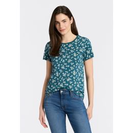 Kurzarmshirt Ragwear "MINTTA FLOWER O", Damen, Gr. S, petrol, Jersey, Obermaterial: 50% Baumwolle, 50% Polyester, bedruckt, normal, Rundhals, Shirts, mit sommerlichem Print