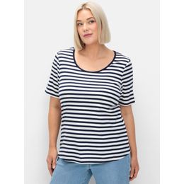 Kurzarmshirt sheego "T-Shirt", Damen, Gr. 48, blau (marine, wei&szlig;), 100% Baumwolle, gemustert, gestreift, mehrfarbig, Rundhals, Shirts