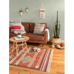 benuta Pure Handgewebter Kelim Zohra Multicolor/Rot 120x170 cm - Bunter Teppich f&uuml;r Wohnzimmer