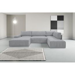 WERK2 Wohnlandschaft &raquo;Rotterdam, U-Form, in kuschelweichem Cord oder Breitcord. Breite 329cm&laquo; Design Sofa mit Schlaffunktion & Bettkasten, Cord, Grau 