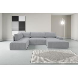 WERK2 Wohnlandschaft &raquo;Rotterdam, U-Form, in kuschelweichem Cord oder Breitcord. Breite 329cm&laquo; Design Sofa mit Schlaffunktion & Bettkasten, Cord, Grau 