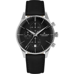 Jacques Lemans Herren Chronograph &raquo;London&laquo; Quarzuhr, Armbanduhr, Herrenuhr, Lederarmband, Stoppfunktion, Datum schwarz