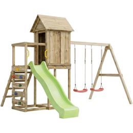 Fungoo Spielturm &raquo;MaxPlay 5&laquo; mit Spielhaus, Rutsche, Doppelschaukel, Kletterwand FSC -zertifizierter Massivholz, Metall, Polyethylen