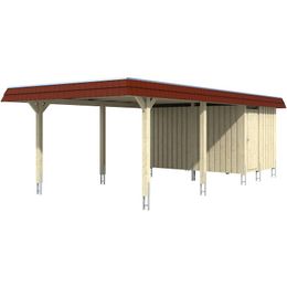 Skan Holz Einzelcarport &raquo;Wendland&laquo; Leimholz 341 cm Wei&szlig; mit Abstellraum mit Aluminiumdach, rote Blende wei&szlig;