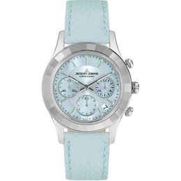 Jacques Lemans Damen Chronograph &raquo;Venice&laquo; Armbanduhr, Damenuhr, Lederarmband, Stoppfunktion, Datum, Perlmutt blau