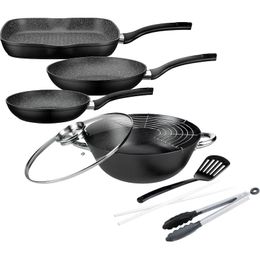 GSW Topf-Set &raquo;Gourmet Granit&laquo; Set, 1x Bratpfanne &Oslash; 20/24 cm, 1x Grillpfanne 28 x 28 cm, 1x Wok &Oslash; 32 cm, 6 Stk. tlg. Gusseisen schwarz