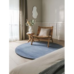 benuta Nest Wollteppich Bent Blau &oslash; 150 cm rund - Naturfaserteppich aus Wolle