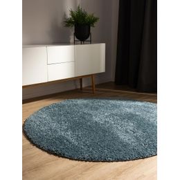 benuta Basic Waschbarer Hochflor Shaggyteppich Soho Blau &oslash; 80 cm rund - Bettvorleger f&uuml;r Schlafzimmer