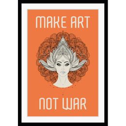 queence Bild &raquo;MAKE ART NOT WAR&laquo; Peace-Zeichen Schriftzug Spr&uuml;che & Texte HD Premium Poster-Druck inkl. Holzrahmen orange Acrylglas, Holz, Papier