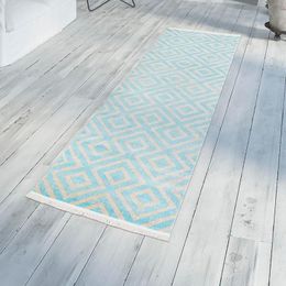 Paco Home L&auml;ufer &raquo;Poco 821&laquo; rechteckig 6 mm H&ouml;he Teppich-L&auml;ufer, Kurzflor, Rauten-Design, mit Fransen, Outdoor geeignet blau Polypropylen (PP)