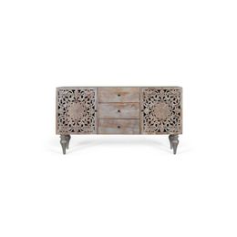 Giner y Colomer Sideboard aus Mangoholz mit zwei handgeschnitzten Seitent&uuml;ren in Gray | Gr.: onesize
