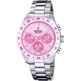 Festina Damen Chronograph &raquo;Ceramic&laquo; Quarzuhr, Armbanduhr, Damen, Herren, Edelstahlarmband, Keramikl&uuml;nette silber