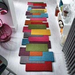 FLAIR RUGS L&auml;ufer &raquo;Abstract Collage, 100% Wolle, Karo Design,&laquo; rechteckig 11 mm H&ouml;he Patchwork, modern, mehrfarbig, L&auml;ufer, Wohnzimmer, Flur, 