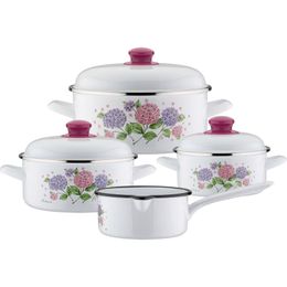 GSW Topf-Set &raquo;Hortensie&laquo; Set, je 1 Kochtopf &Oslash; 16/20/24 cm, 1x Stielkasserolle &Oslash; 16 cm, 7 Stk. tlg. Stahl-Emaille bunt