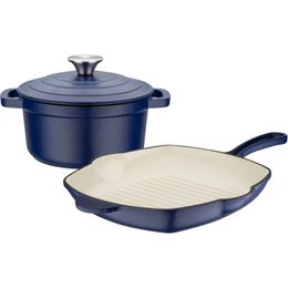 GSW Topf-Set &raquo;Blue Magic&laquo; Set, 1x Kochtopf mit Deckel &Oslash; 20 cm, 1x Grillpfanne 27 x 27 cm, 3 Stk. tlg. Gusseisen blau