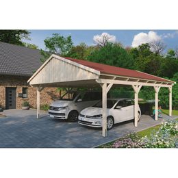 Skan Holz Doppelcarport &raquo;Fichtelberg&laquo; Leimholz natur mit roten Schindeln beige