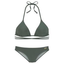 Bruno Banani Damen Triangel-Bikini unifarben mit langem Bindeband gr&uuml;n 38, Cup C/D