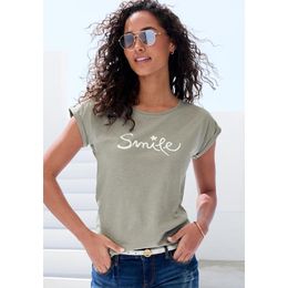 Beach Time Beachtime Damen T-Shirt &raquo;mit Frontdruck "Smile"&laquo; aus weicher Baumwoll-Qualit&auml;t gr&uuml;n 32/34