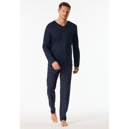 Schiesser Herren Pyjama &raquo;Fine Interlock&laquo; 2 tlg. Oberteil in Uni, karierte Hose, V-Neck, Langarm, Baumwolle blau 56