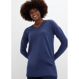 bonprix Damen bonprix Longpullover &raquo;Long-Pullover&laquo; aus Baumwolle und Polyamid, mit V-Ausschnitt, mit Seitenschlitzen blau 56/58 (XXXL)