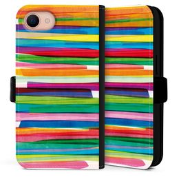 DeinDesign iPhone 16e Handy Klapph&uuml;lle Handyh&uuml;lle aus Kunst Leder schwarz Flip Case Water Colour Stripes Colourful Sideflip mit Lasche