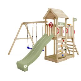 Wickey Kinderspielturm MultiFlyer mit Holzdach und Schaukelanbau "Natur"
