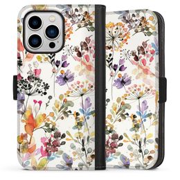 DeinDesign iPhone 13 Pro Handy Klapph&uuml;lle Handyh&uuml;lle aus Kunst Leder schwarz Flip Case Pastel Flower Muster Sideflip mit Lasche